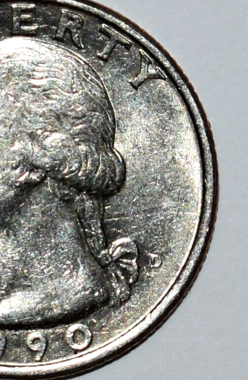 1990 D Washington Quarter Error Double-Die Mint Mark, DD Wing Die Clash ...
