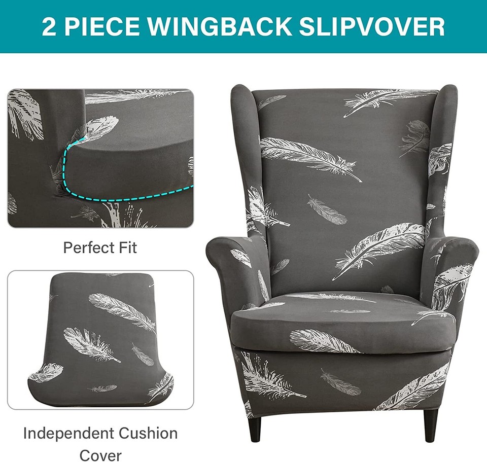 2 Piece Wingback Chair Cover Stretch Printed Wing Chair Cover Armchair ...