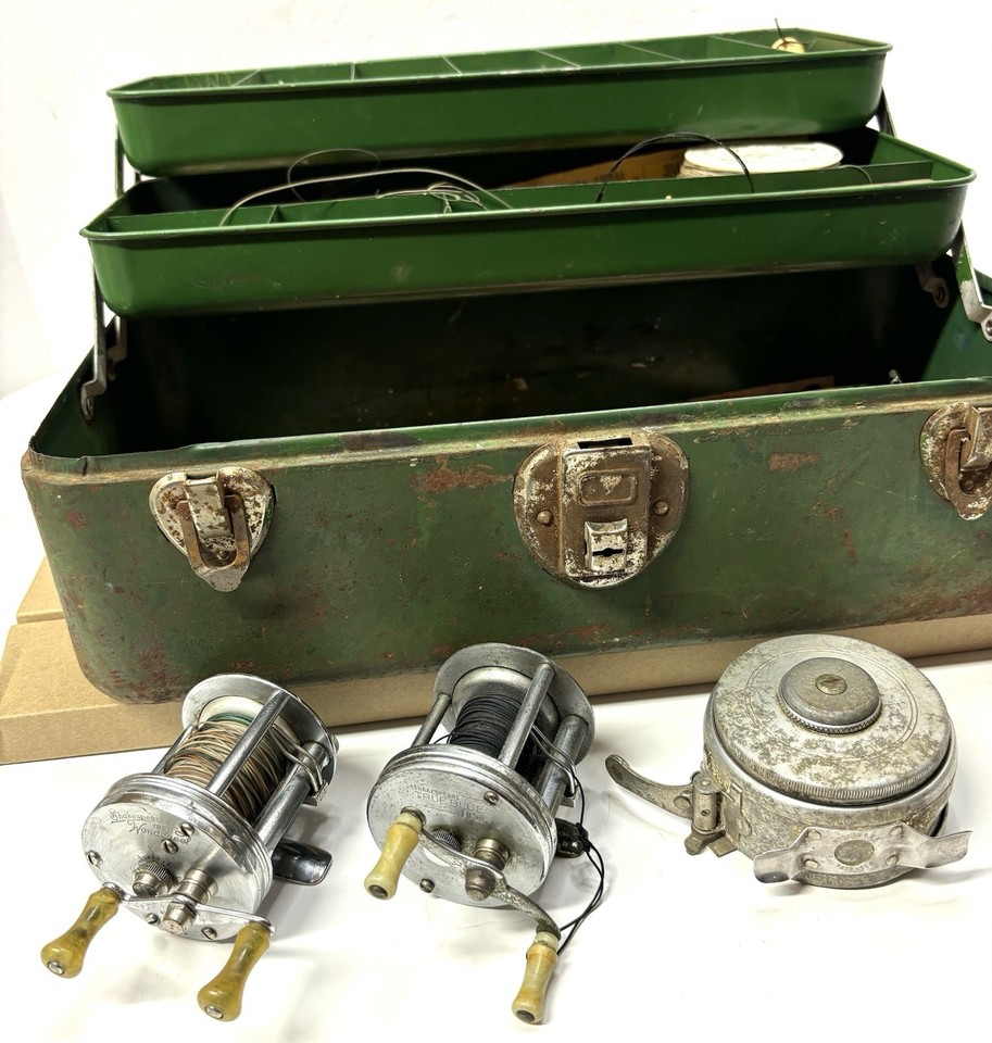 Vintage Fishing Tackle Box Union Metal w/ Old Reels Lures & Hooks *Kind ...