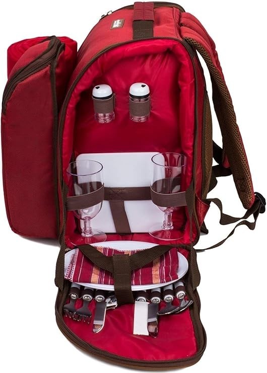 2 Person Red Picnic Backpack Hamper with Cooler Bag includes Tableware ...