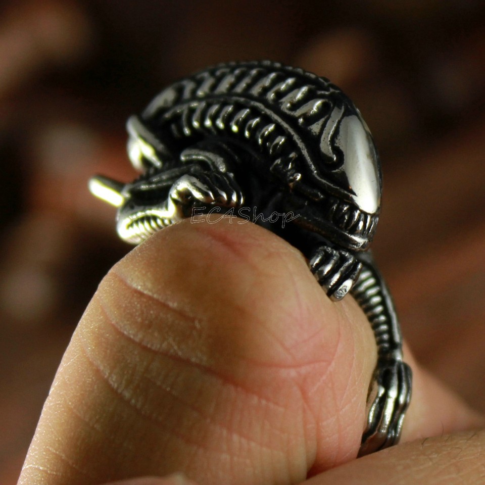 Mens Vitnage 3D Alien Skull Stainless Steel Biker Ring Space Predator ...