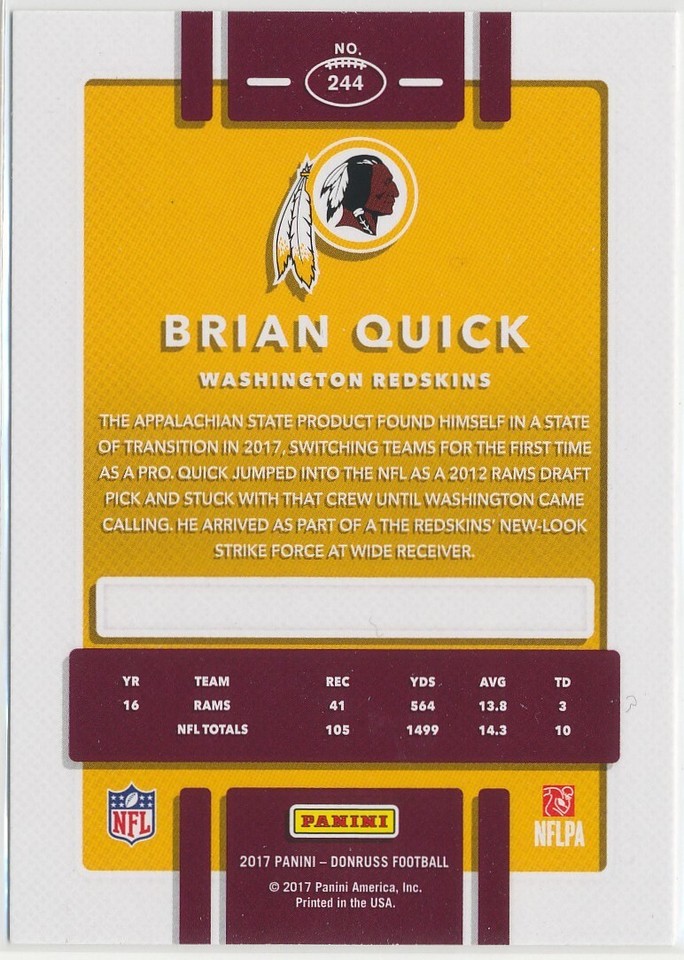 Brian Quick 2017 Panini Donruss Football #244 Washington Commanders | eBay
