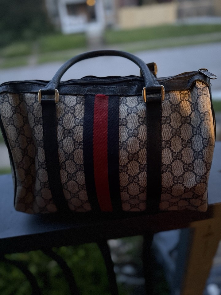 Gucci Vintage Boston gg Monogram Bag Blue In Distressed Condition See ...