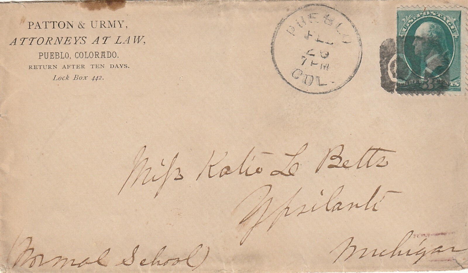 3c, Pueblo, Col. to Ypsilanti, Michigan. Fancy"OK" cancel. Nice strike ...