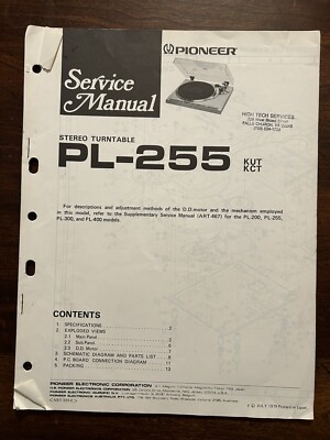 Pioneer PL-255 Stereo Turntable Service Manual Vintage Original Repair ...