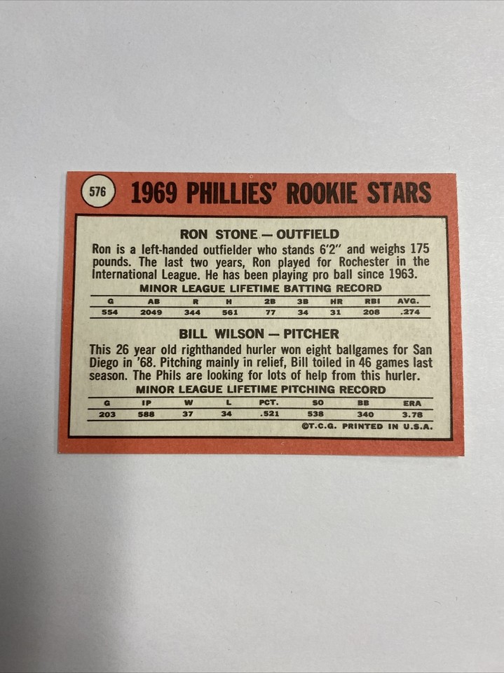 1969 Topps Philadelphia Phillies Rookies Ron Stone & Bill Wilson Card ...