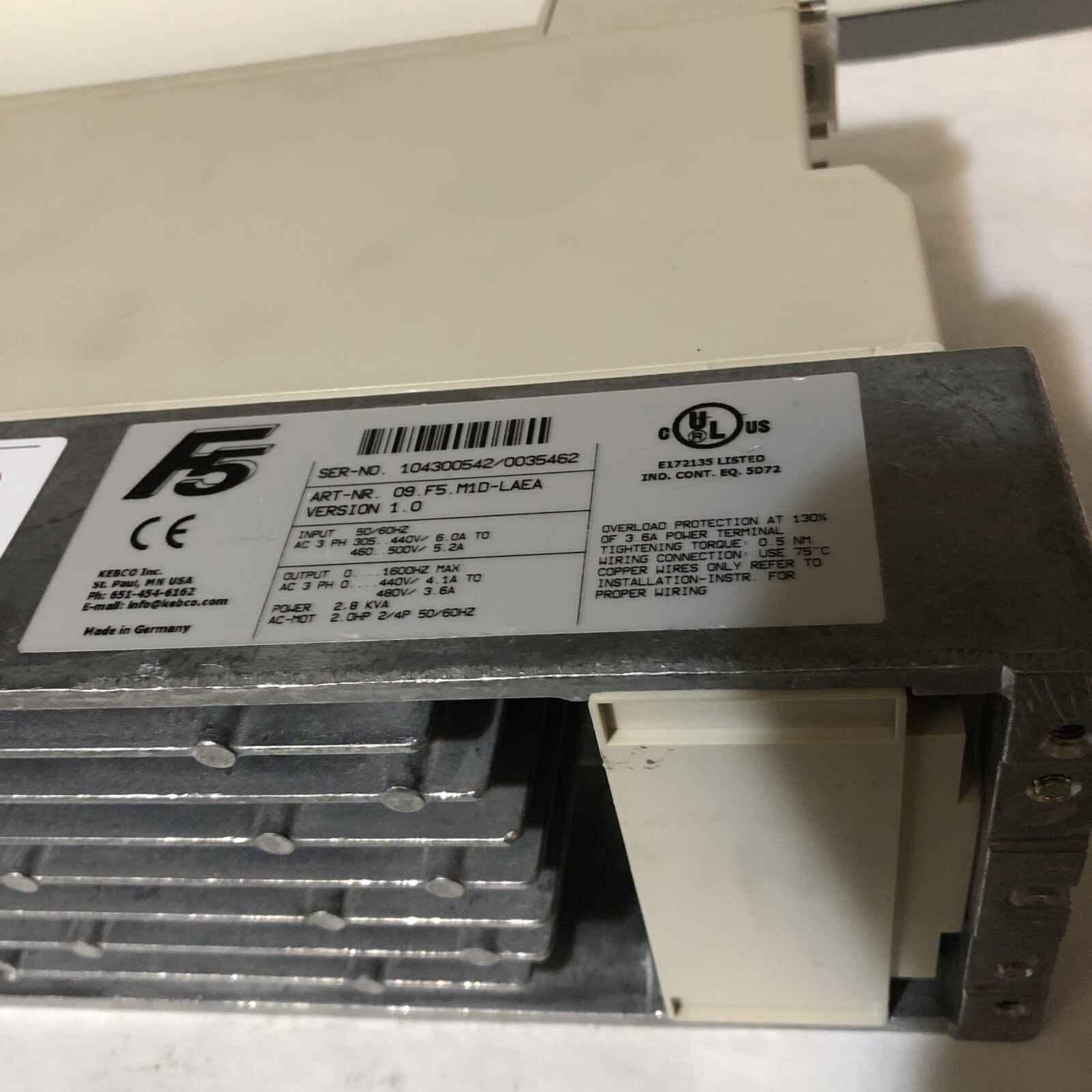 KEB COMBIVERT F5, 09.F5.M1D-LAEA VERSION 1.0,3PH INVERTER DRIVE 2.8 KVA ...