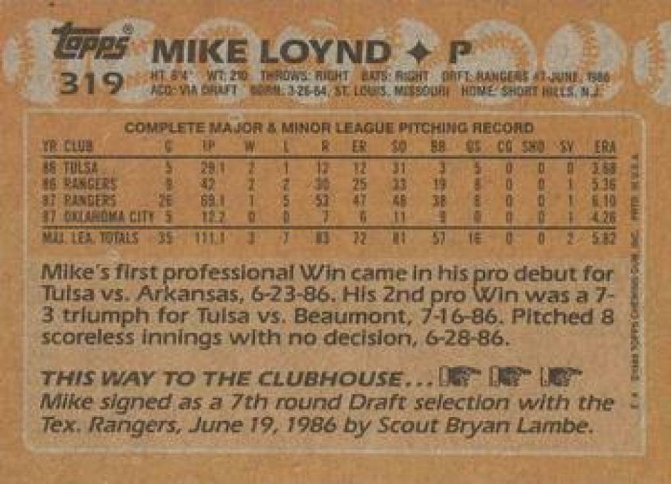 1988 Topps #319 Mike Loynd Rangers NM-MT | eBay