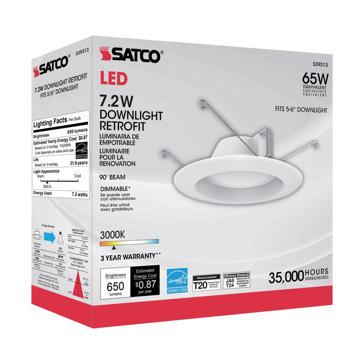 Satco S39313 LED 7.2W 65W 90° 5-6" Downlight Retrofit Round 3000K Soft ...