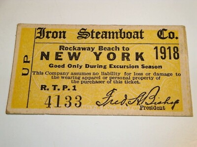 1918 Iron Steamboat Company Ticket-Rockaway Beach to New York City ...