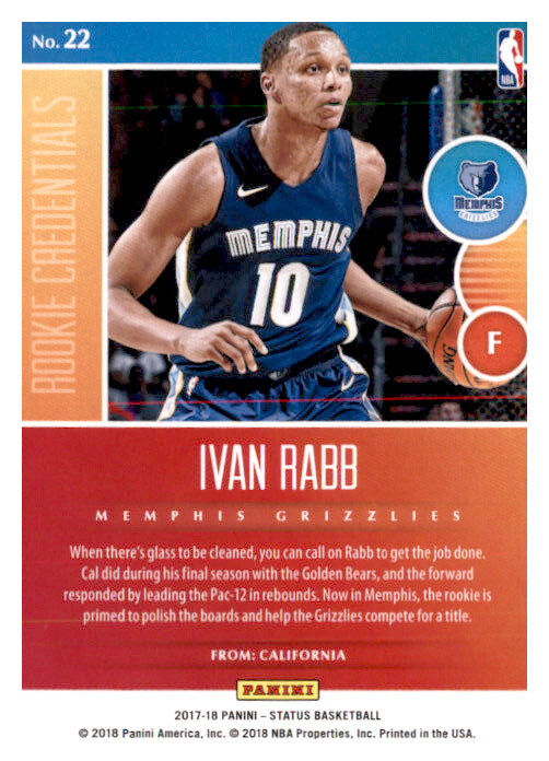 2017-18 Status Rookie Credentials Ivan Rabb Grizzlies #22 NBA RC Insert ...