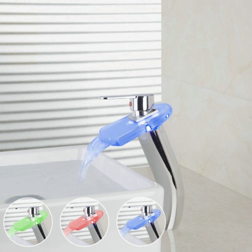 3 Colors Single Hole Waterfall Bathroom Basin Sink Vessel Tap LED Mixer ...