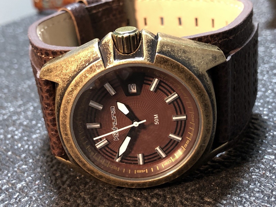 Kahuna Men’s WR50M Watch Retro Style Leather Cuff Band Bronze Patina ...