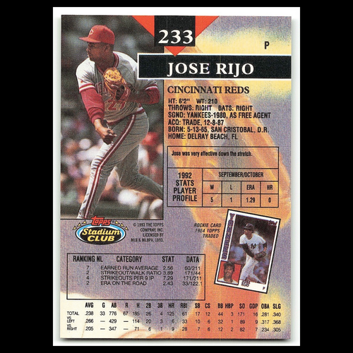 Jose Rijo #233 1993 Topps Stadium Club Cincinnati Reds Baseball Card ...