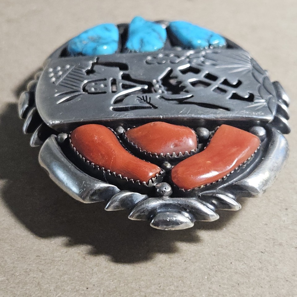 VINTAGE NAVAJO-BRANCH CORAL, TURQUOISE, STERLING SILVER BUCKLE BY ...