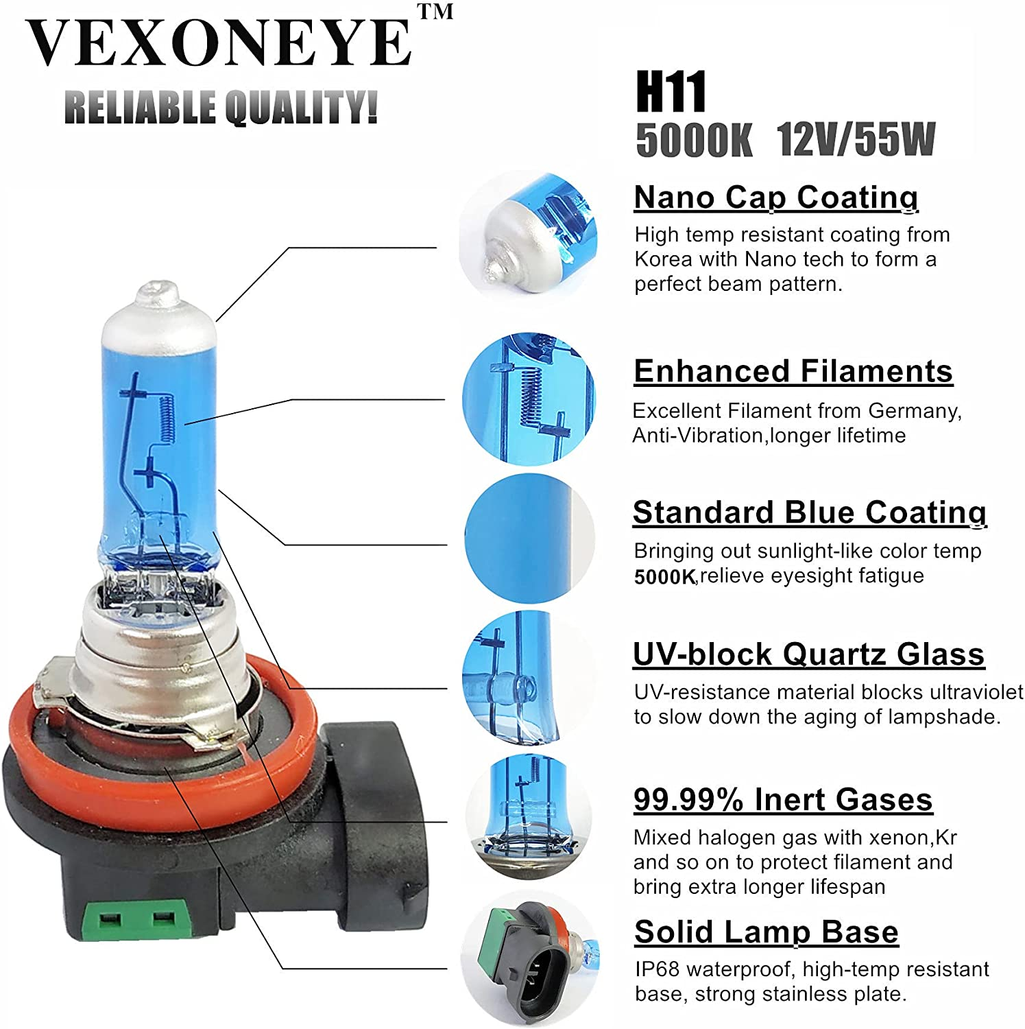 H11 Halogen Headlight Bulb/Fog Light 12V 55W White 5000K 64211 12362 L ...