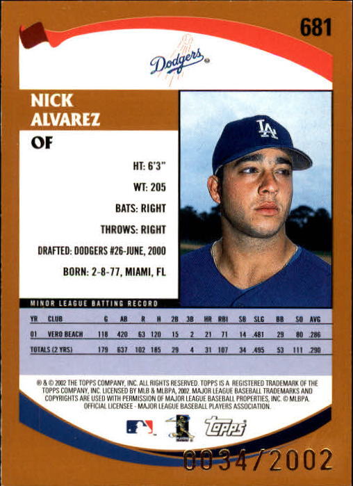 2002 Topps Gold Los Angeles Dodgers Baseball Card #681 Nick Alvarez ...