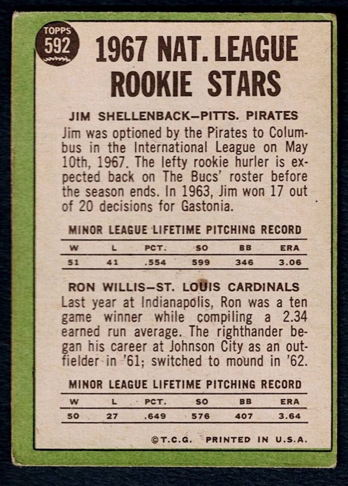 1967 TOPPS BASEBALL #592 National League Rookie Stars J. Shellenback ...