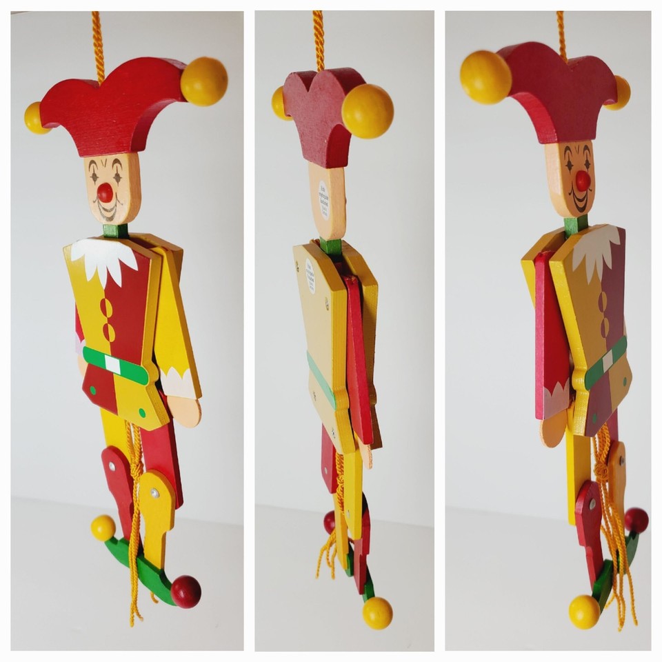 Echte Erzgebirgische Handarbeit Germany Wooden Clown Jester Pull String ...
