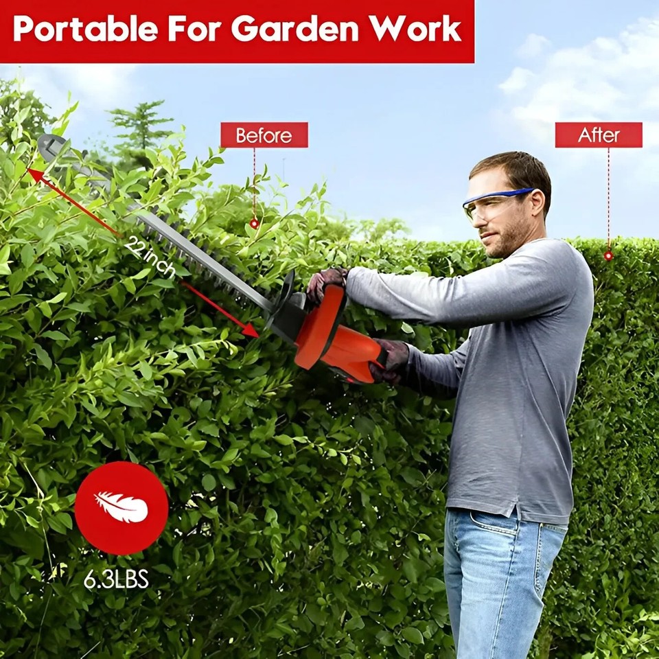 22 Inch Handheld Electric Cordless Hedge Trimmer Bush Trimmer with 2PCS ...