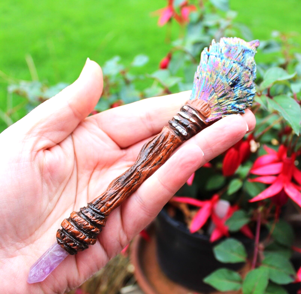 Crystal Wiccan magic wand titanium aura Kyanite and Amethyst crystals ...