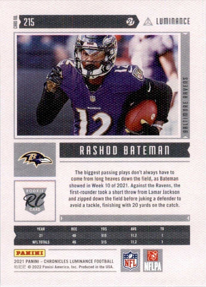 2021 Panini Chronicles Luminance Rashod Bateman Rookie Baltimore Ravens ...