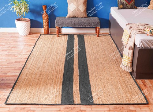 Indian Hand Braided Rectangle Beige Jute Rug With Dark Grey Striped ...