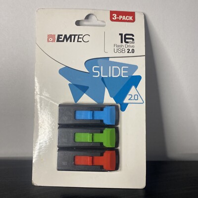 Emtec Slide 16GB USB 2.0 3-Pack Flash Drives Thumb Drive Laptop PC NEW ...