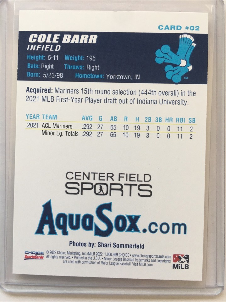 Cole Barr Everett Aquasox 2022 Autographed Card Seattle Mariners Signed ...