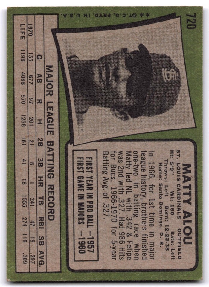 1971 Topps Matty Alou St. Louis Cardinals #720 | eBay