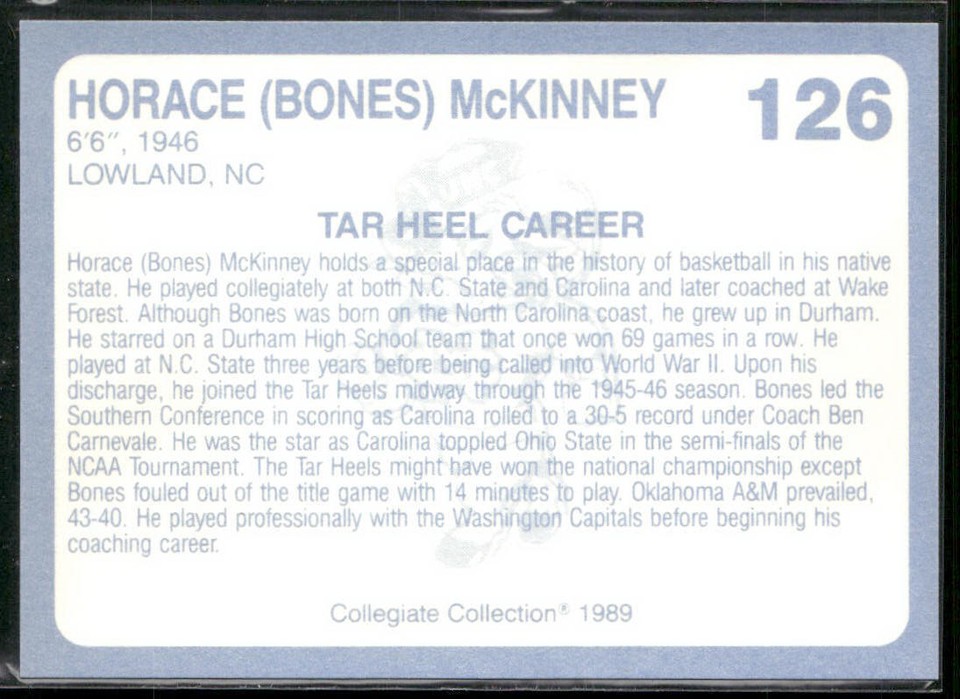 1989 Collegiate Collection North Carolina's Finest #126 Bones McKinney ...