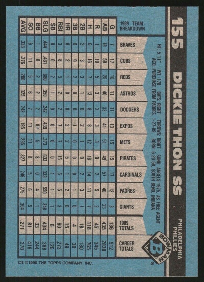 1990 Bowman Philadelphia Phillies Baseball Card #155 Dickie Thon | eBay