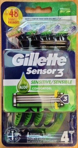 NIP Mens Gillette Sensor 3 Sensitive 4 pack disposable razors comfort ...