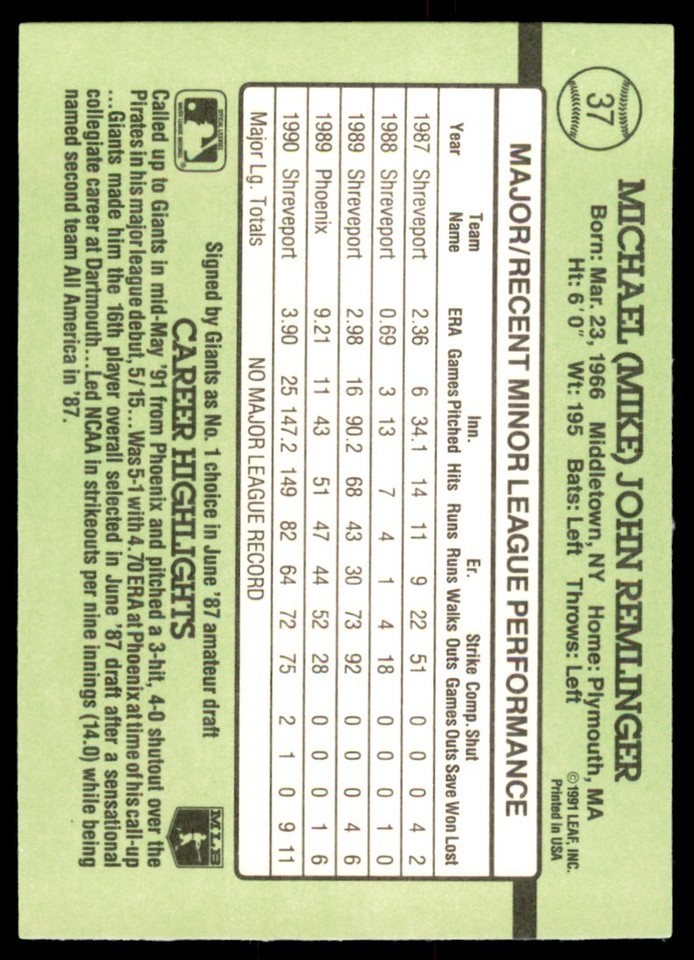 1991 Donruss The Rookies Mike Remlinger Baseball Cards #37 | eBay