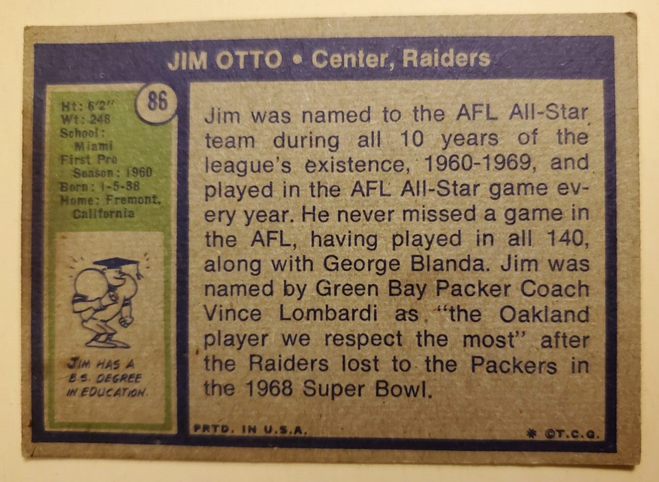 1972 Topps JIM OTTO Oakland Raiders card #86 | eBay