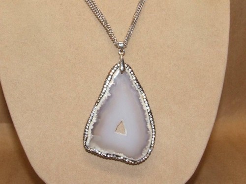 Jules B Genuine Druzy Geode Marcasite & Rhinestone 3" Pendant 21" Chain ...