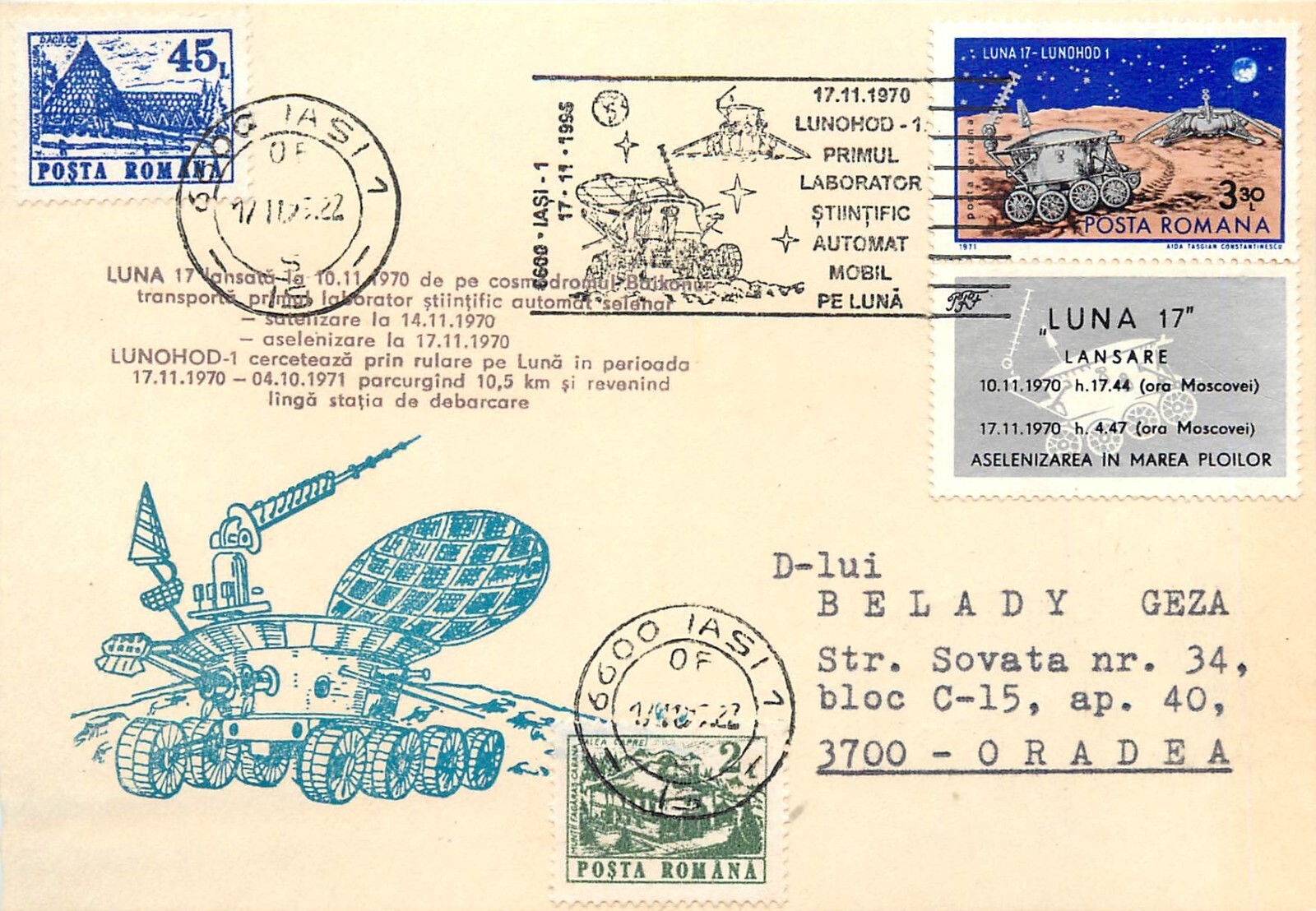 BB001 Romania 1971 Luna 17 moon spacecraft Lunahod 1 first robotic ...