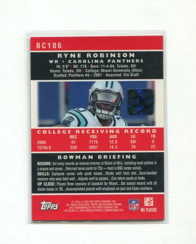 RYNE ROBINSON CAROLINA PANTHERS MIAMI OHIO 2007 BOWMAN CHROME AUTOGRAPH ...