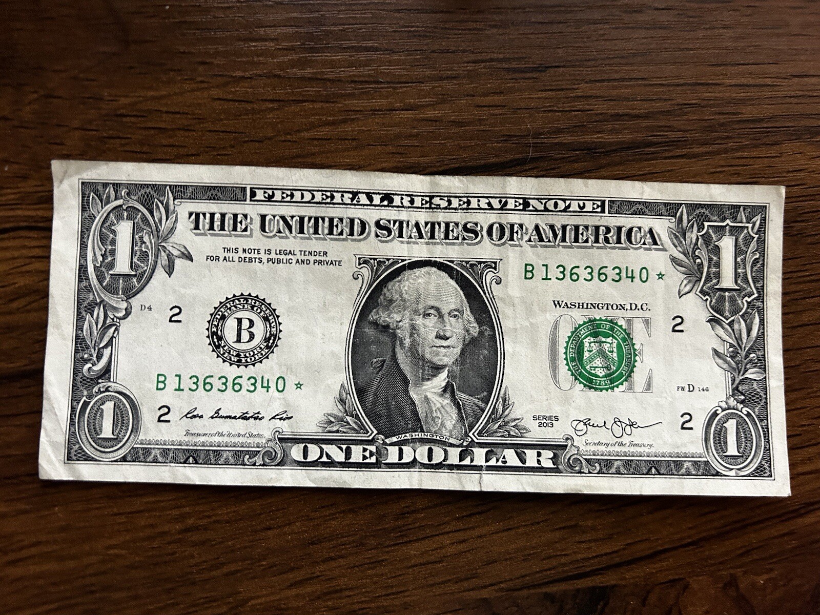 2013 Series Dollar Bill B Star Note Serial Number B13636340* | eBay