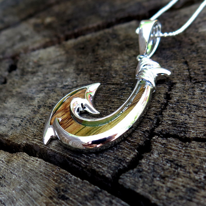 Koa Wood Hawaiian Wave Fish Hook Rhodium Silver Plated Brass Pendant ...