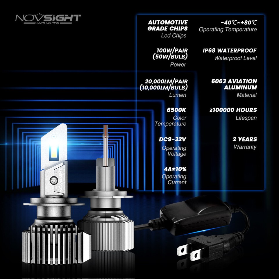 NOVSIGHT H7 LED Headlight Bulbs Kit High-Low Beam 100W 20000LM Bright ...