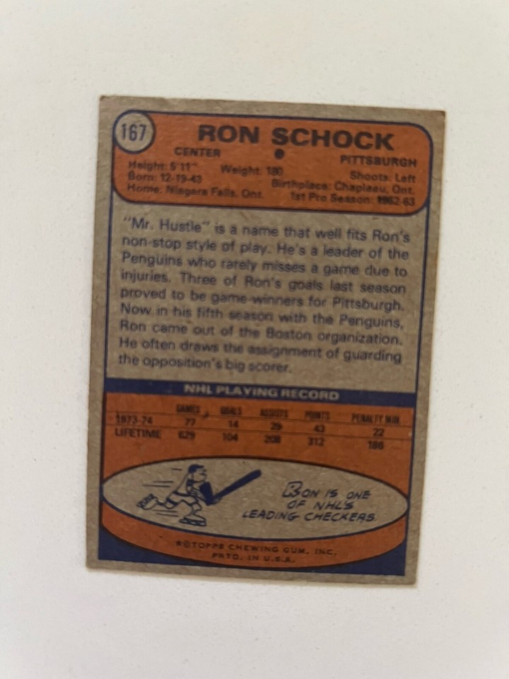 Ron Schock Pittsburgh Penguins 1974-75 Topps #167 | eBay