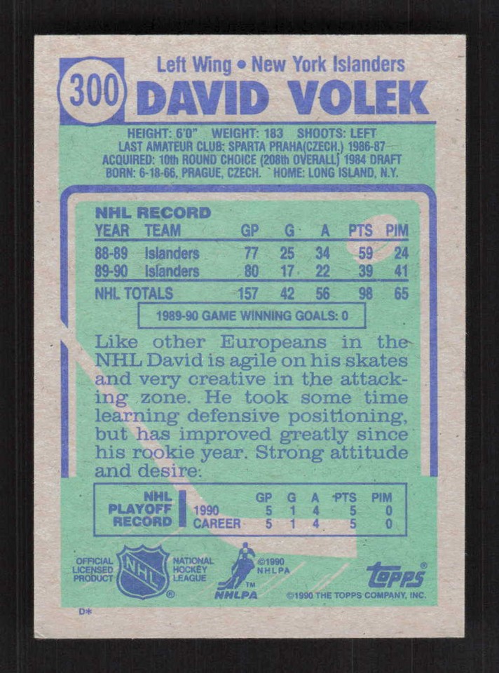 David Volek 1990 Topps New York Islanders #300 | eBay