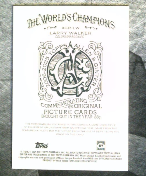 2025 Topps Allen & Ginter Larry Walker Relics 50 /50 #AGR-LW Book End ...