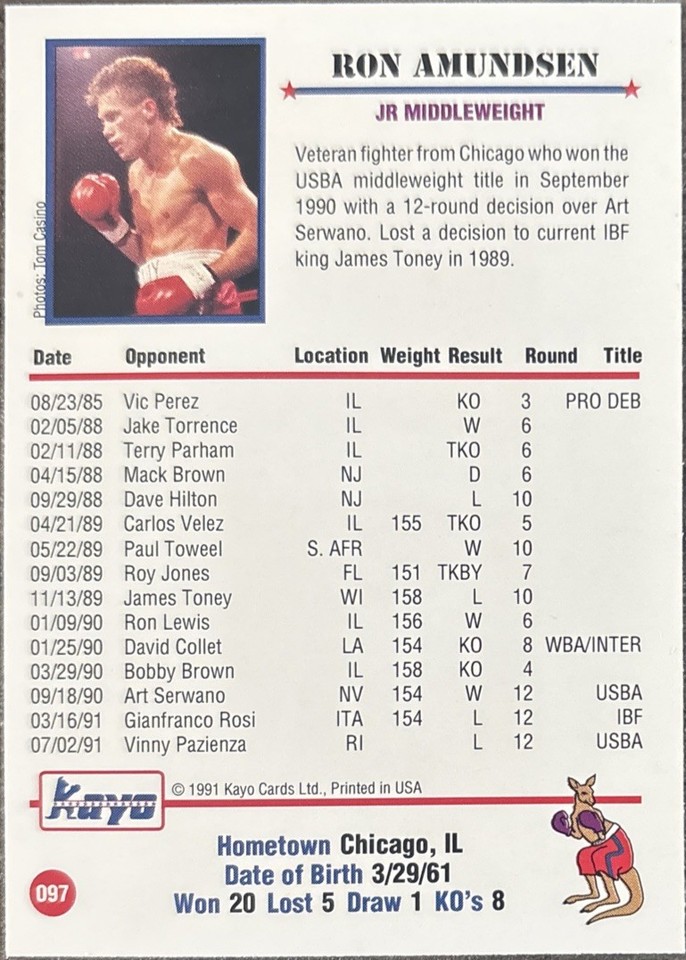 1991 Kayo Boxing Trading Card - #97 Ron Amundsen - JR MIDDLEWEIGHT | eBay