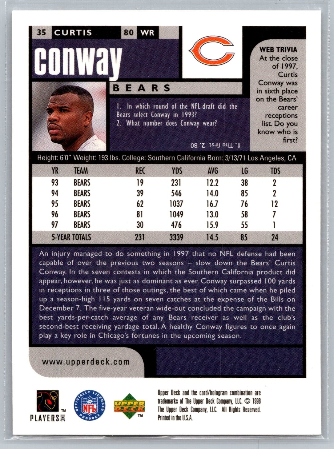 1998 Upper Deck CHOICE Card # 35 Curtis Conway - Chicago Bears | eBay