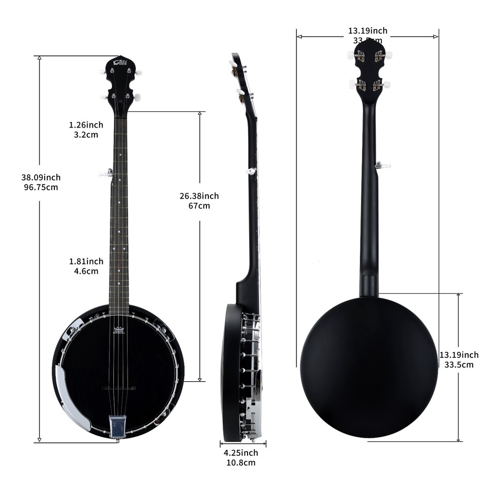 5 String Full Size Acoustic Electric Banjo Solid Back Remo Ebony Black ...