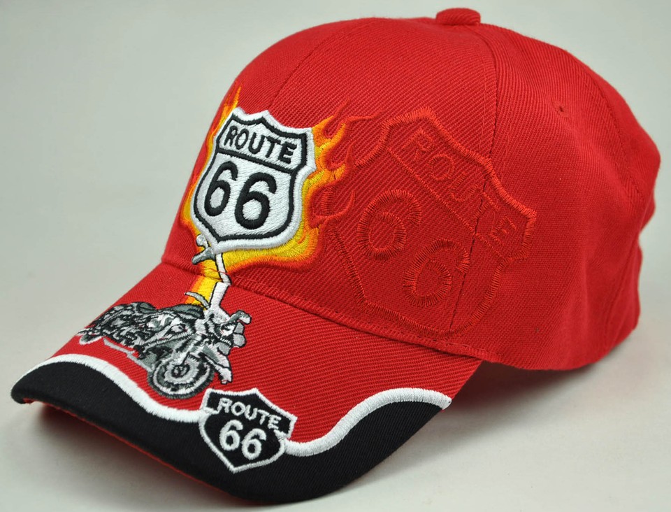 NEW! US ROUTE 66 THE MOTHER ROAD MOTORCYCLE BIKE CAP HAT FLAME RED | eBay