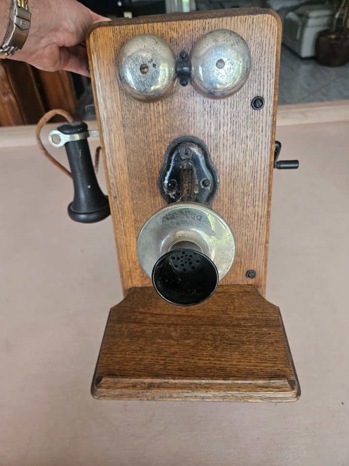 Antique 1900s Kellogg Chicago Hand Crank Oak Wood Wall Telephone Phone ...