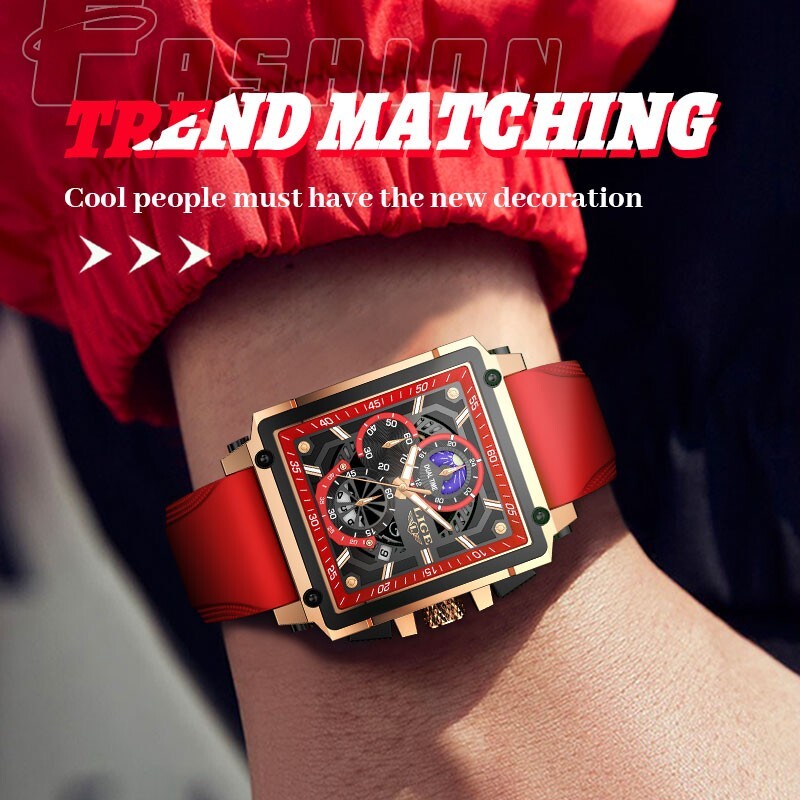 LIGE Men Watch Rectangle Sport Quartz Wristwatch Red Rubber Strap Males ...